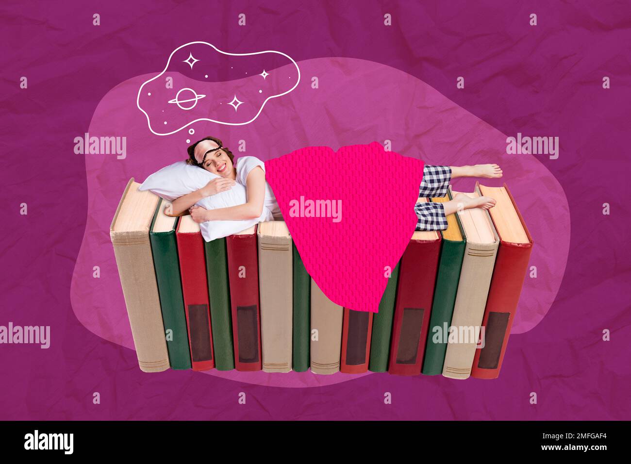 Artwork magazine collage picture of charming happy lady sleeping big ...