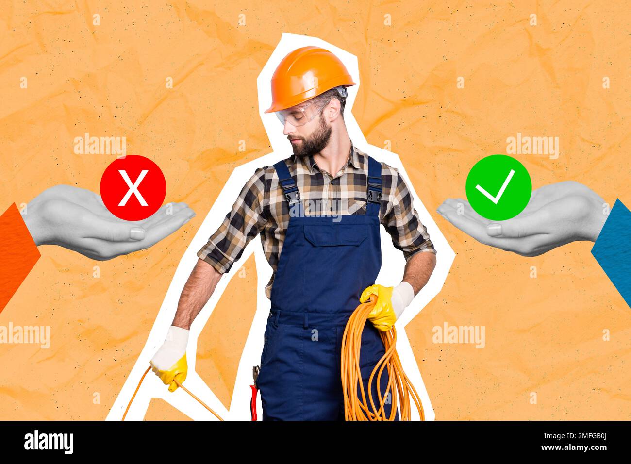 Photo collage of young professional man electrician wear uniform safety ...