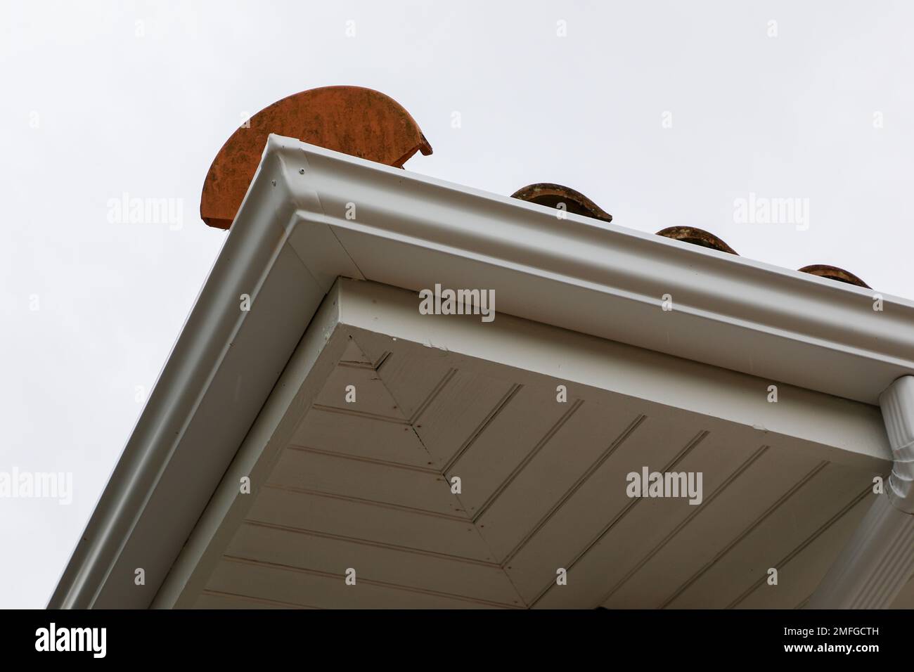 Corner of white new modern house aluminum roof gutter on facade home ...