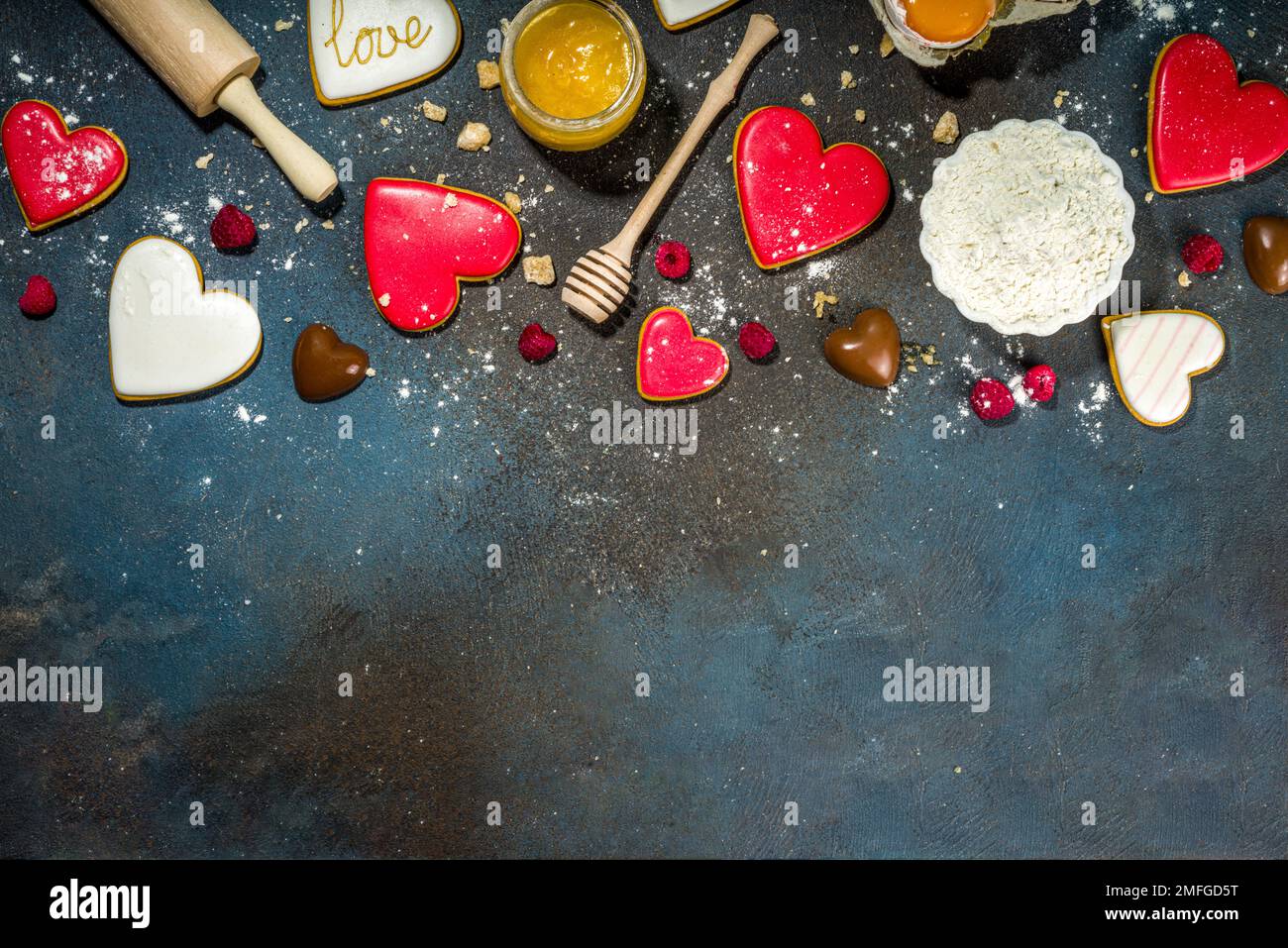 Valentine day sweet cooking background. Baking ingredients and utensils ...
