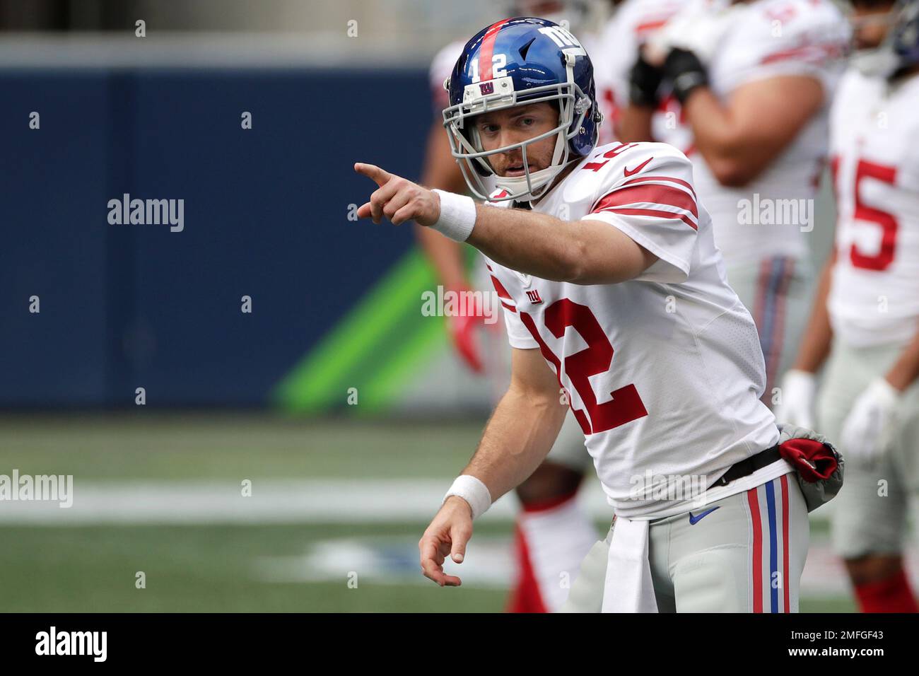 New York Giants quarterback Colt McCoy warms up before an NFL football ...