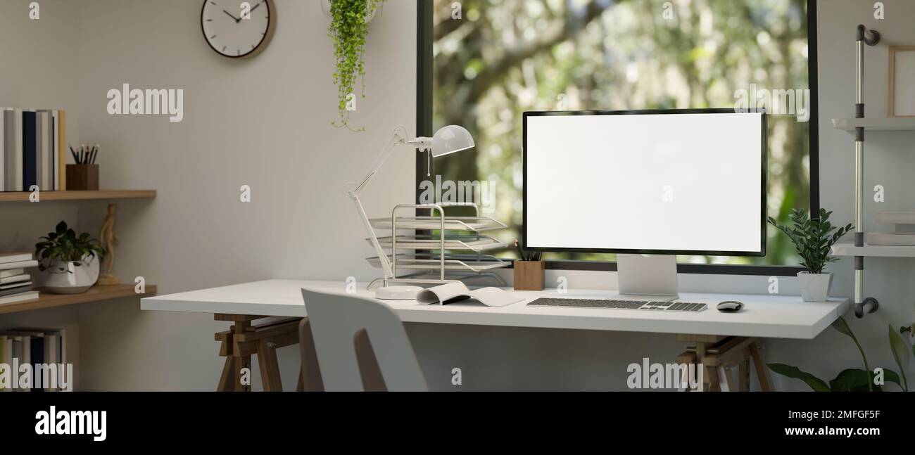 Minimal white home working room interior design with PC desktop ...