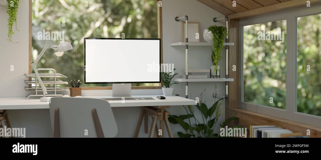 Minimal white and comfortable home working room interior design with ...