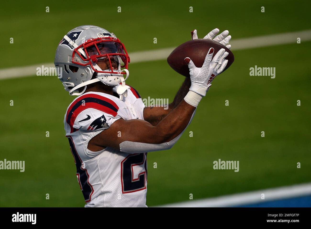 New England Patriots running back James White warms up before an NFL ...
