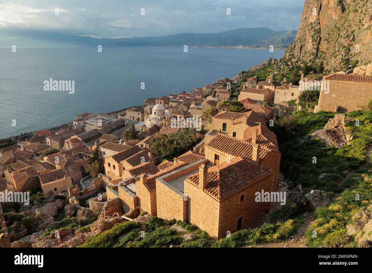 View of fortified medieval castle village Monemvasia with Aegean sea ...