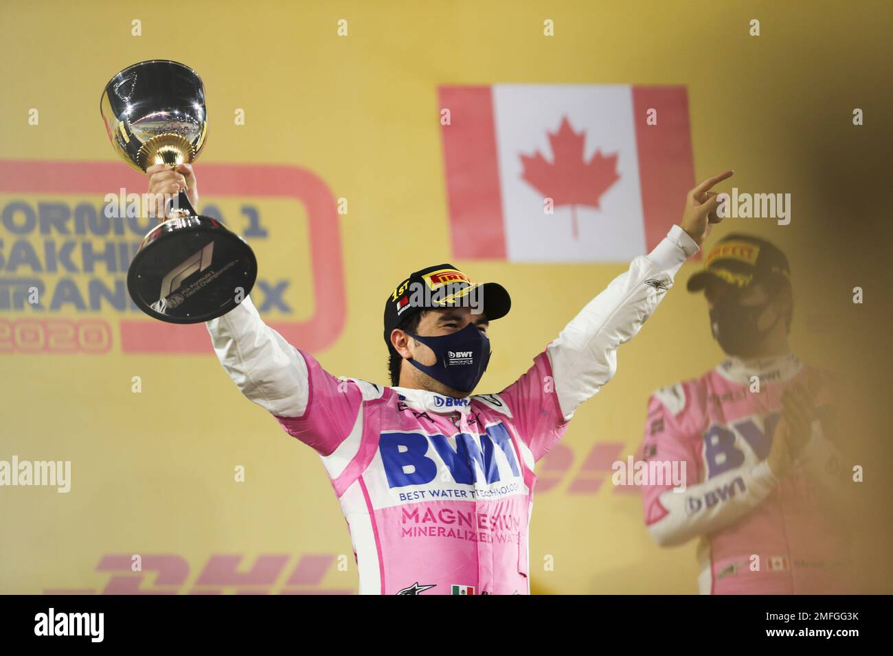 Racing Point driver Sergio Perez of Mexico celebrates after he won the ...