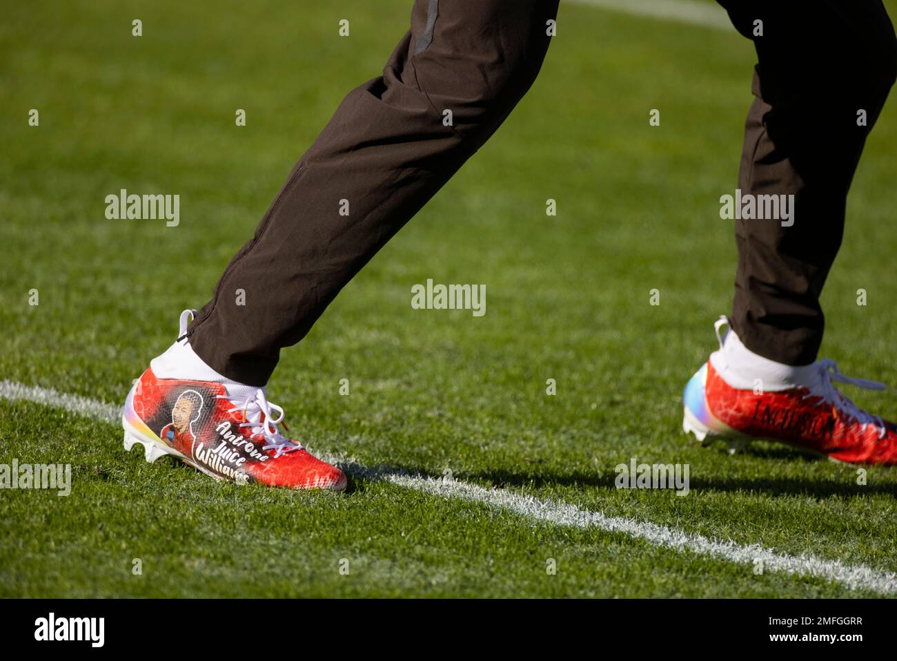 Detail view of custom cleats worn by Cleveland Browns quarterback Baker ...