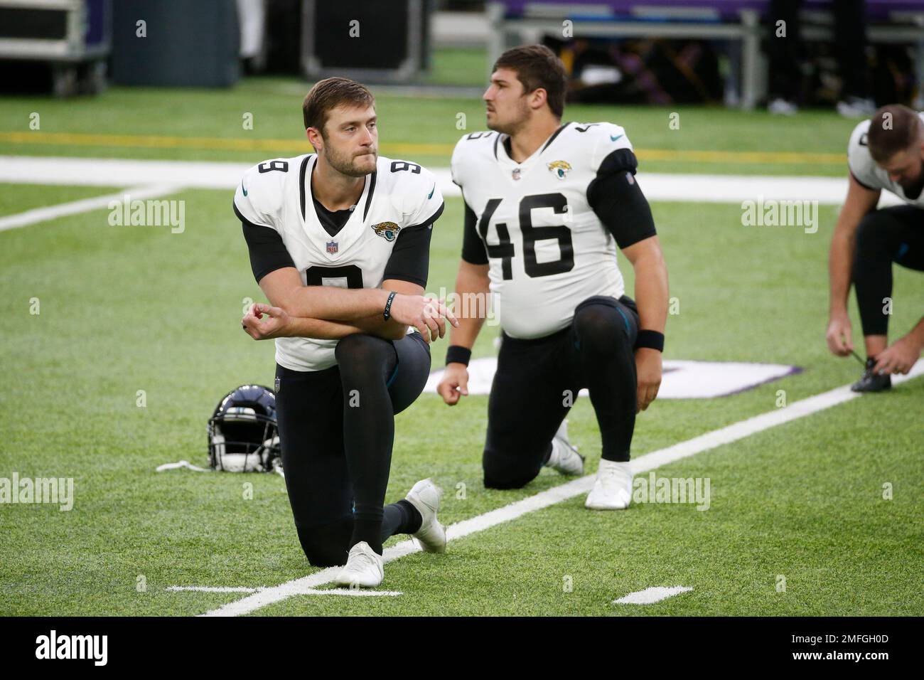 Jacksonville Jaguars punter Logan Cooke (9) stretches before an NFL ...