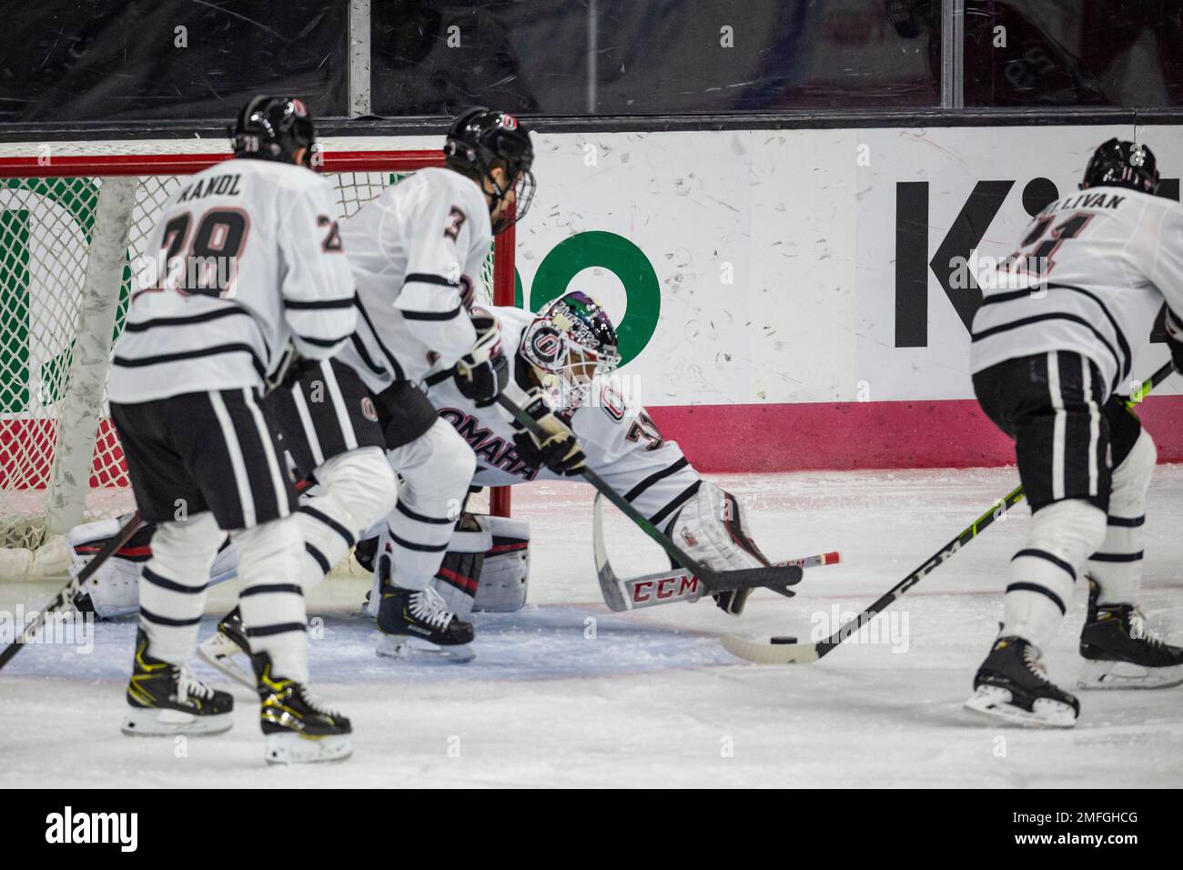 Nebraska-Omaha goaltender Isaiah Saville (31) grabs the puck against ...