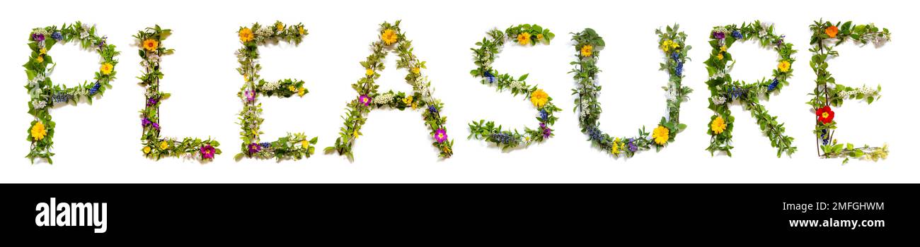 Blooming Flower Letters Building English Word Pleasure Stock Photo - Alamy