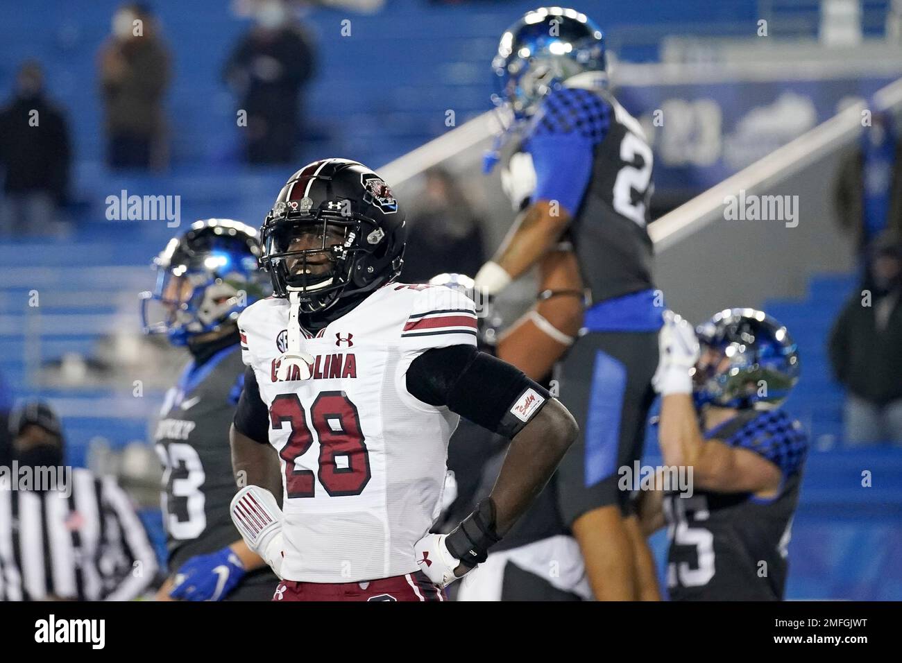 South Carolina defensive back Darius Rush (28) looks toward his bench ...