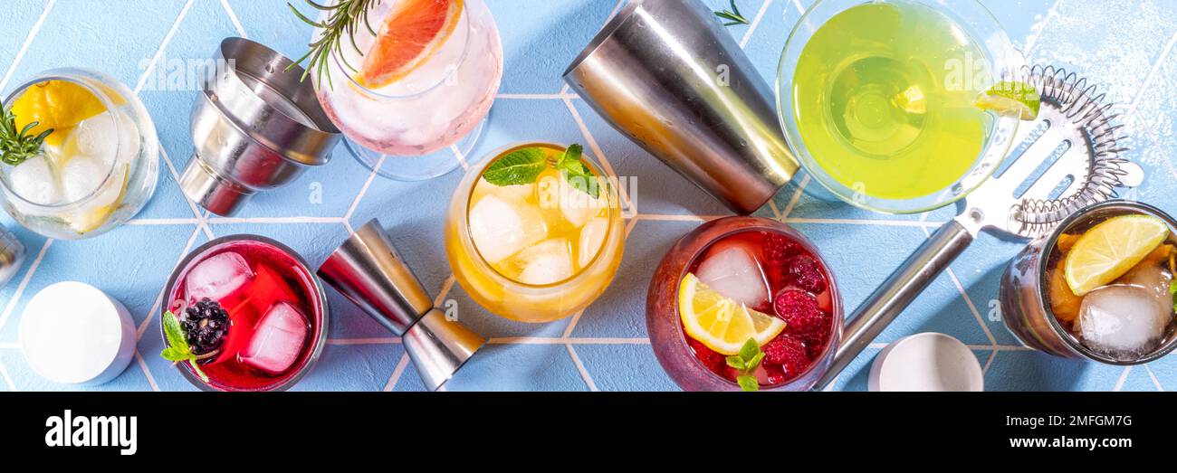 Summer bar cocktails menu. Set of different glasses variations of ...