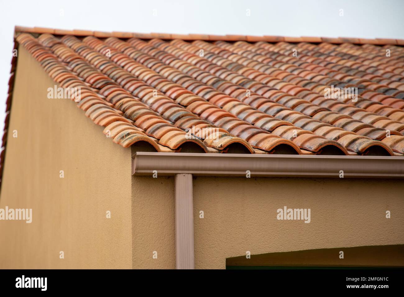 Holder gutter drainage system on home roof residential facade Stock ...