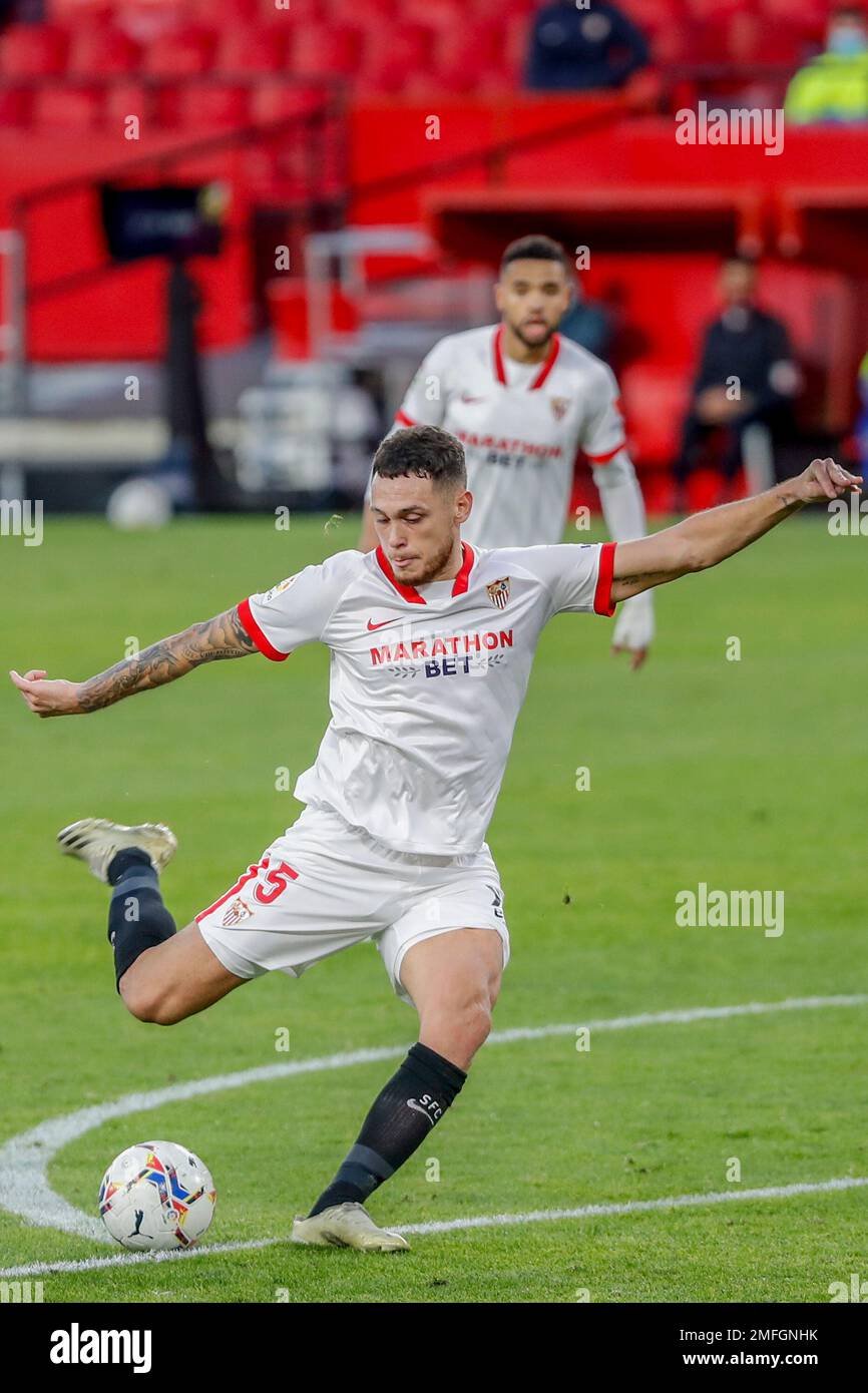 Sevilla's Lucas Ocampos kicks the ball during the Spanish La Liga ...