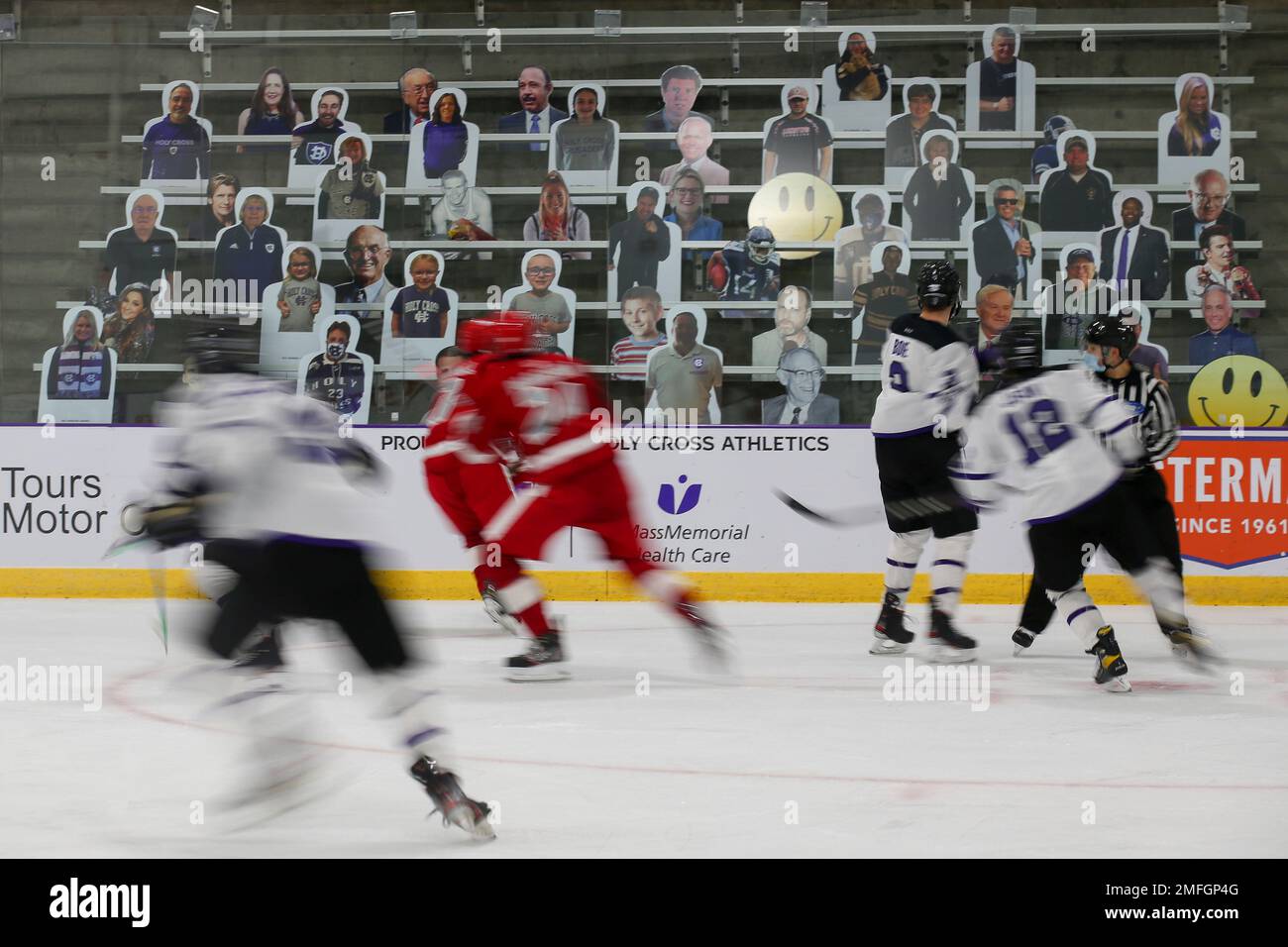Cardboard cutouts adorn the stands in an empty Hart Center Rink during ...