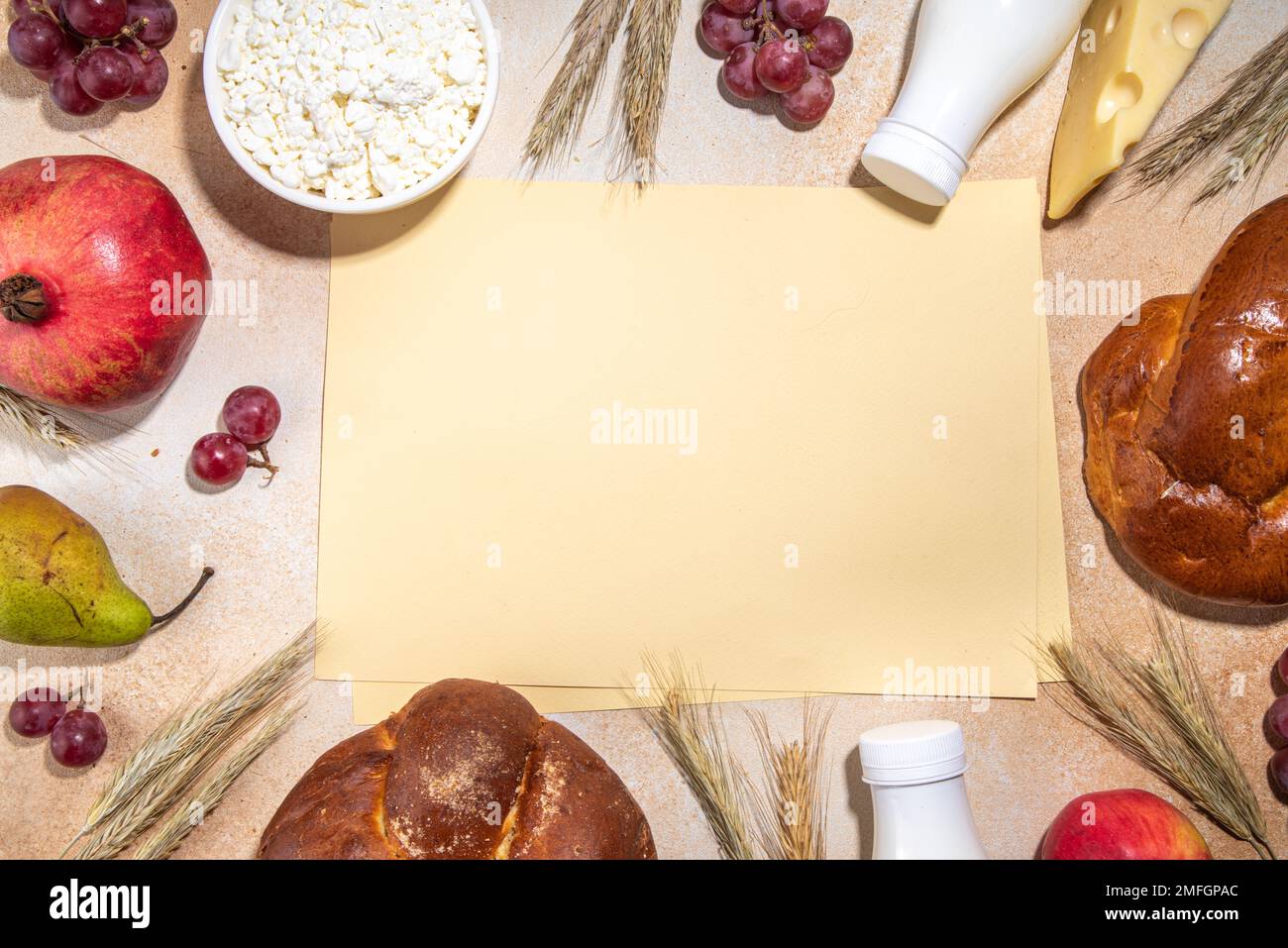 Happy Shavuot greeting card background with food Symbols of jewish ...