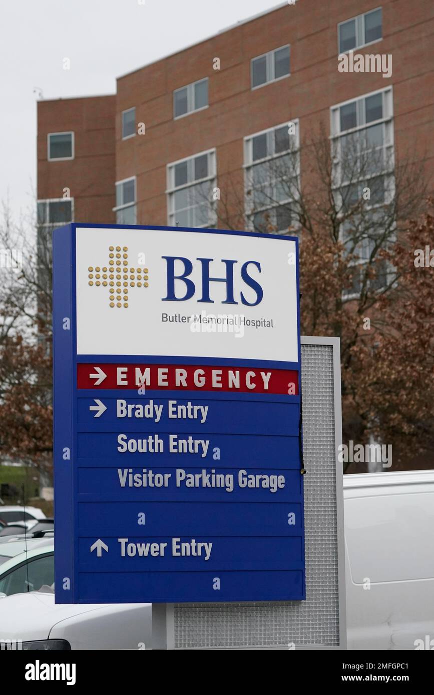Signs mark the entrances and driveways to Butler Memorial Hospital ...