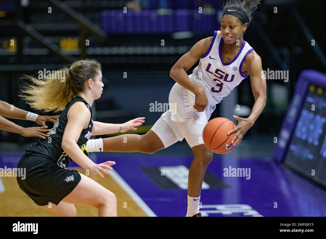 LSU guard Khayla Pointer (3) tries to keep a ball inbounds against UCF ...