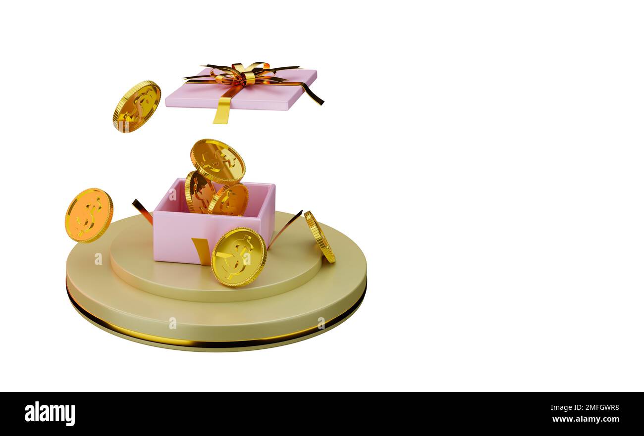 3d rendering coins in a gift box with isolated white background copy ...