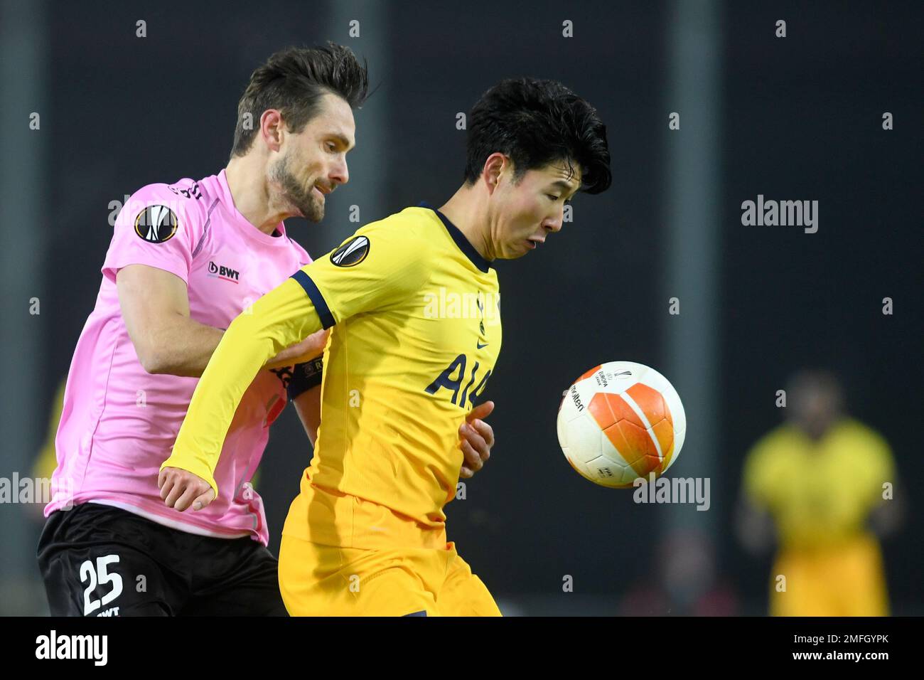 Tottenham's Son Heung-min challenges for the ball with LASK's James ...