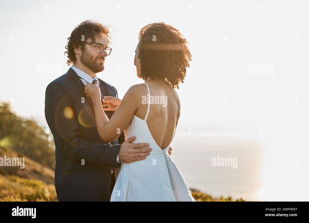 Wedding, couple and bride with groom by ocean for marriage ceremony ...