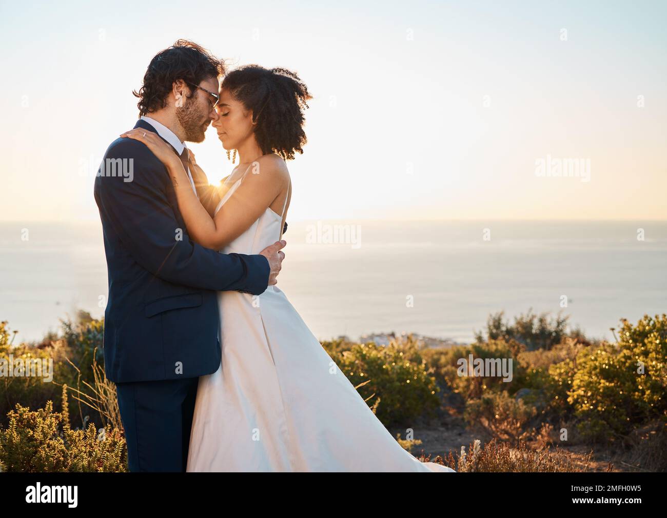 Love, bride and groom on mountain for wedding celebration, marriage ...