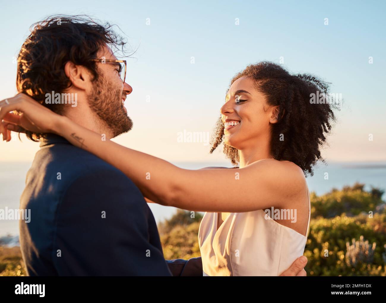 Love, happy and wedding with couple in nature for celebration ...