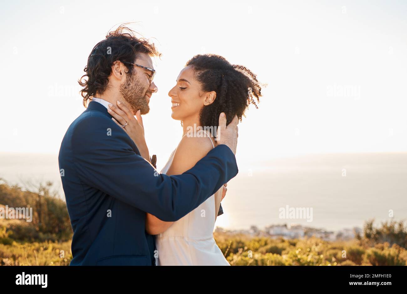 Love, wedding and bride with groom on mountain for marriage ceremony ...