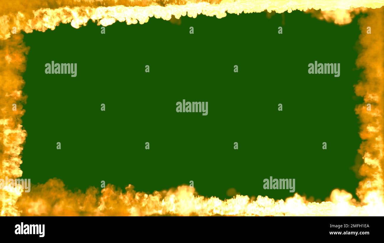Square burning fire frame for content on green chromakey, isolated ...
