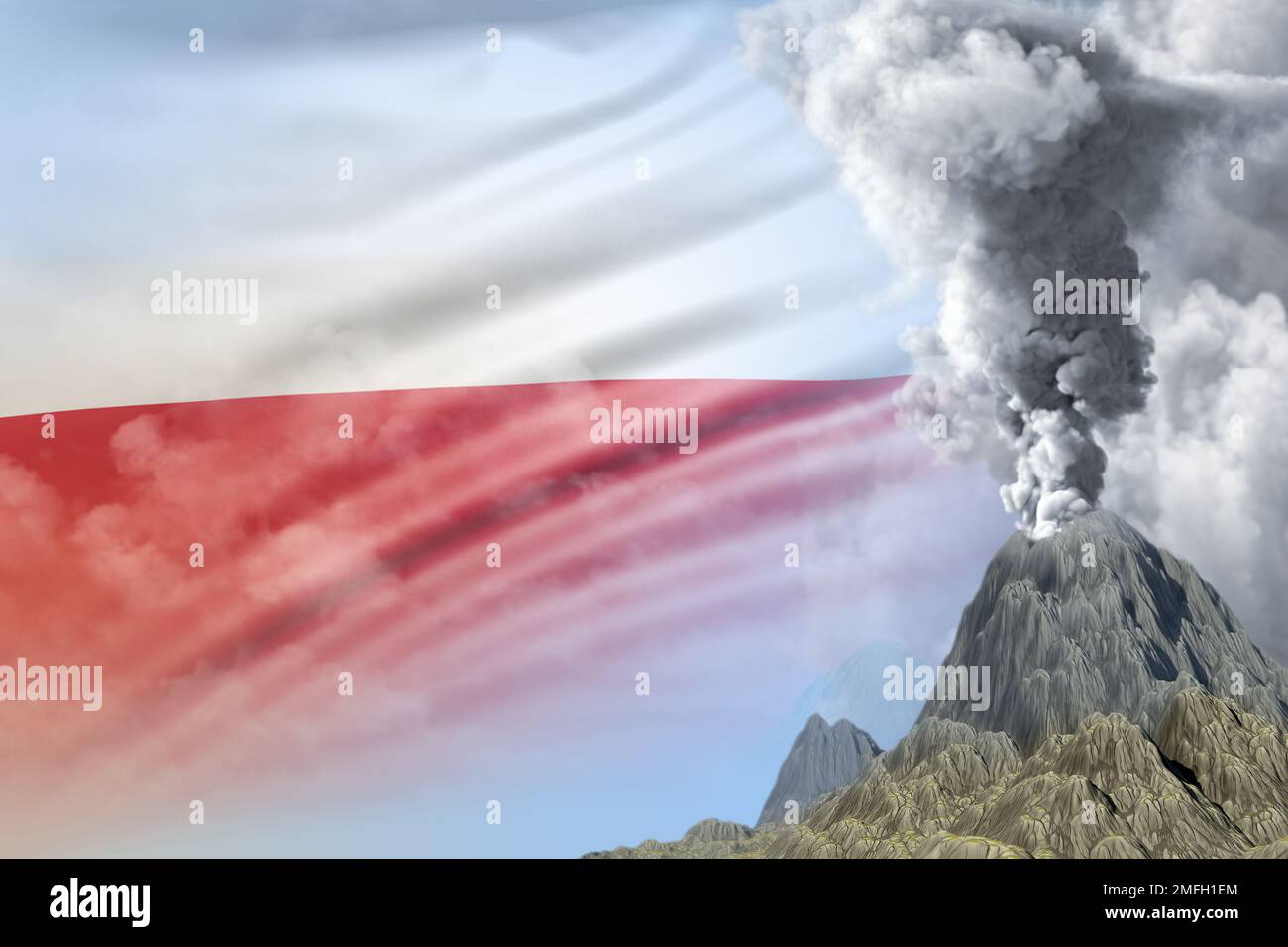 stratovolcano blast eruption at day time with white smoke on Poland ...