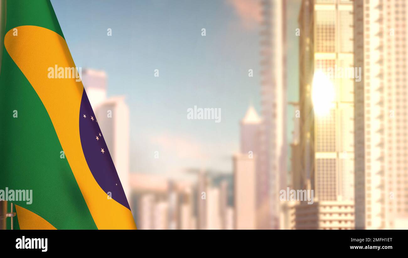 flag of Brazil on city skyscrapers buildings vanilla sundown background ...
