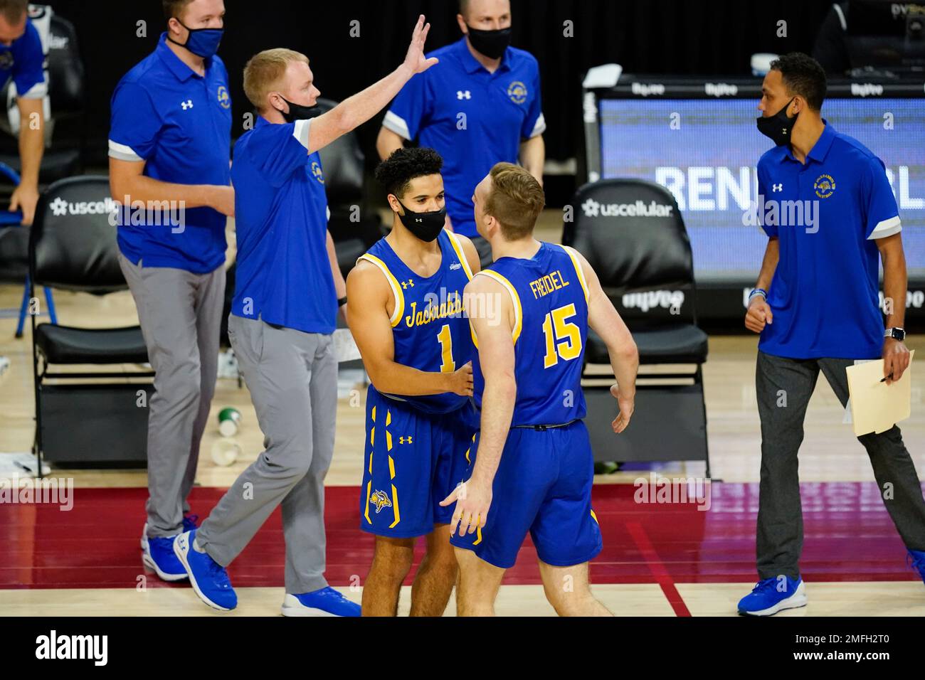 South Dakota State guard Noah Freidel (15) celebrates with teammate ...