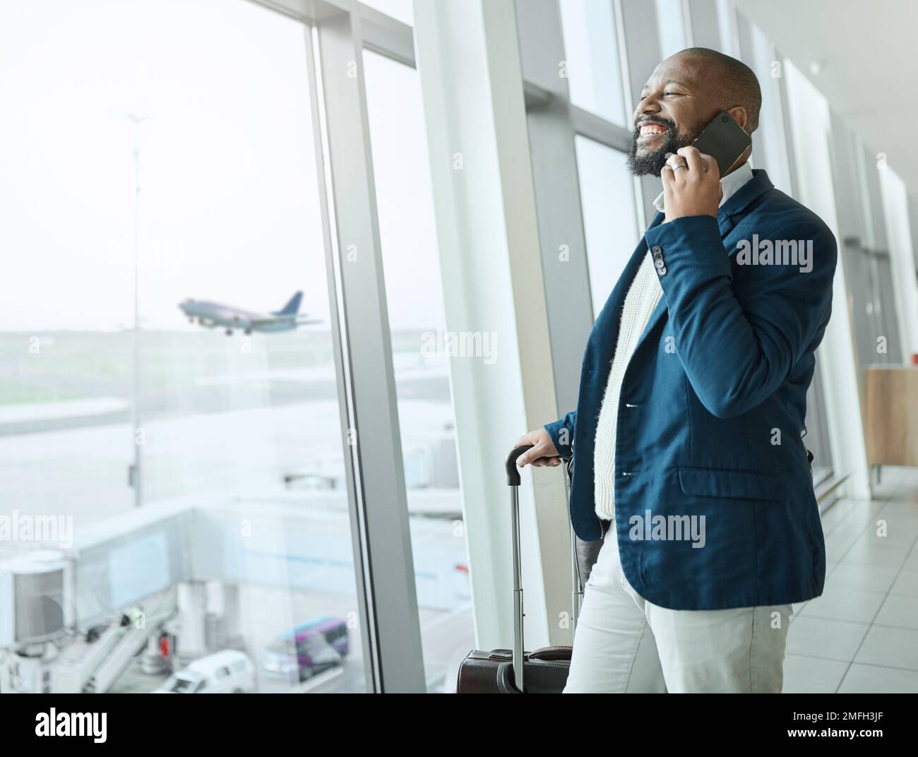 Businessman, phone call and waiting at airport for travel, work trip or ...