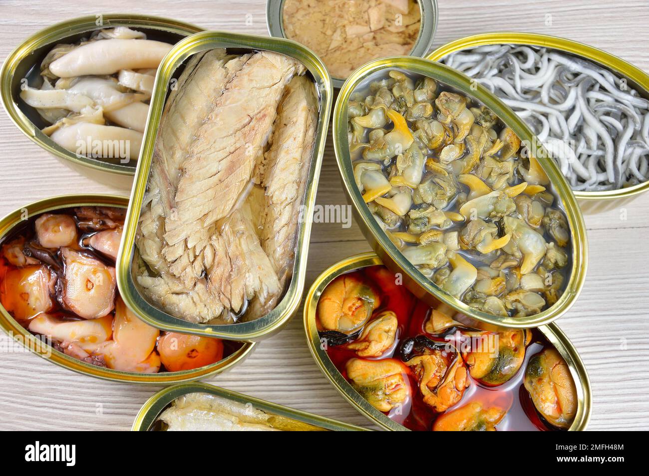 Assortment of cans of canned with different types of fish and seafood ...