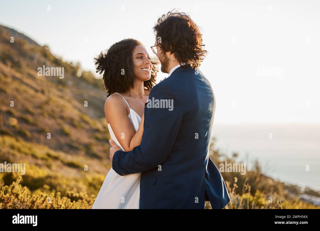 Marriage, love and bride with groom on mountain for wedding ceremony ...