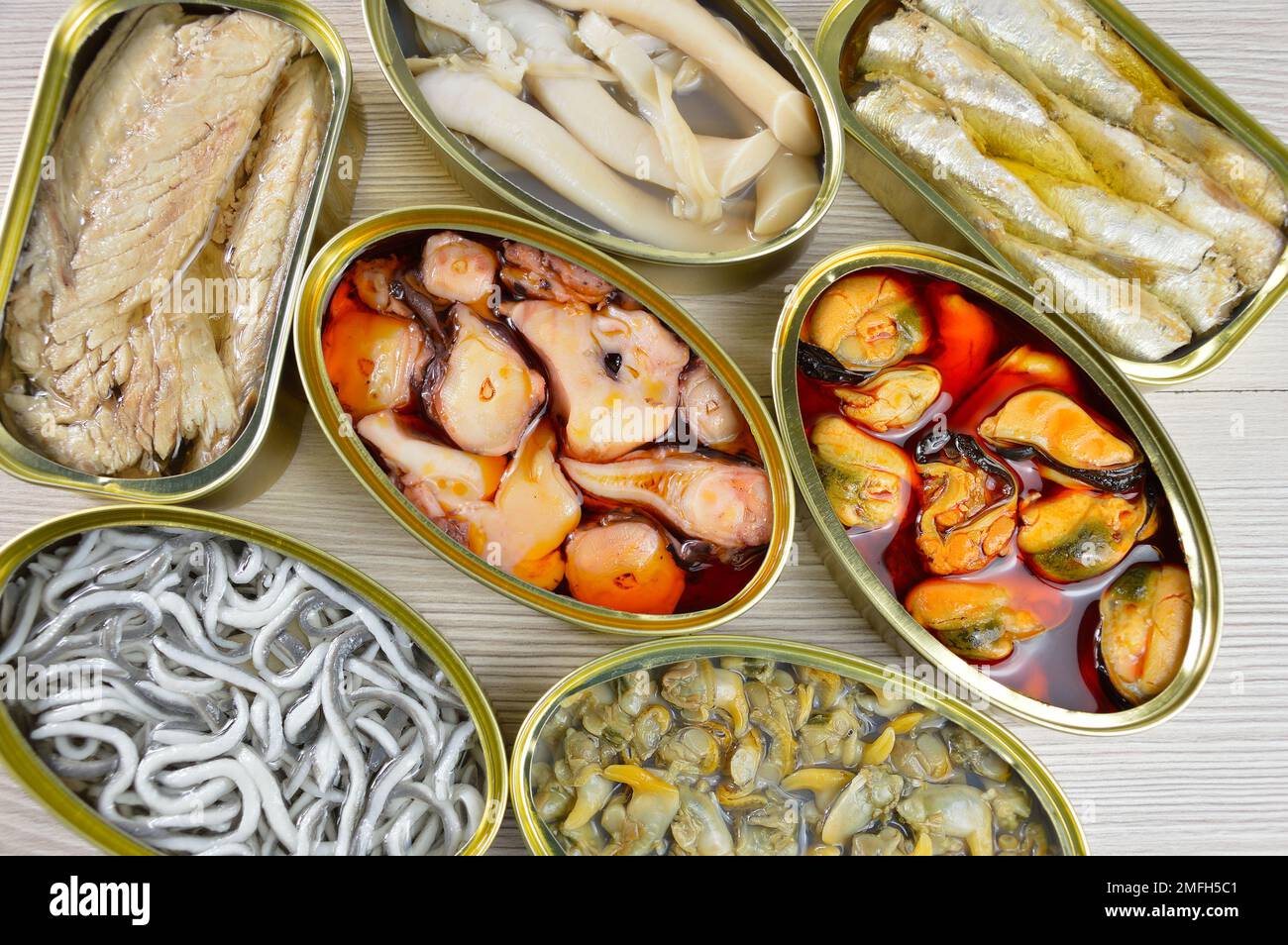 Assortment of cans of canned with different types of fish and seafood ...