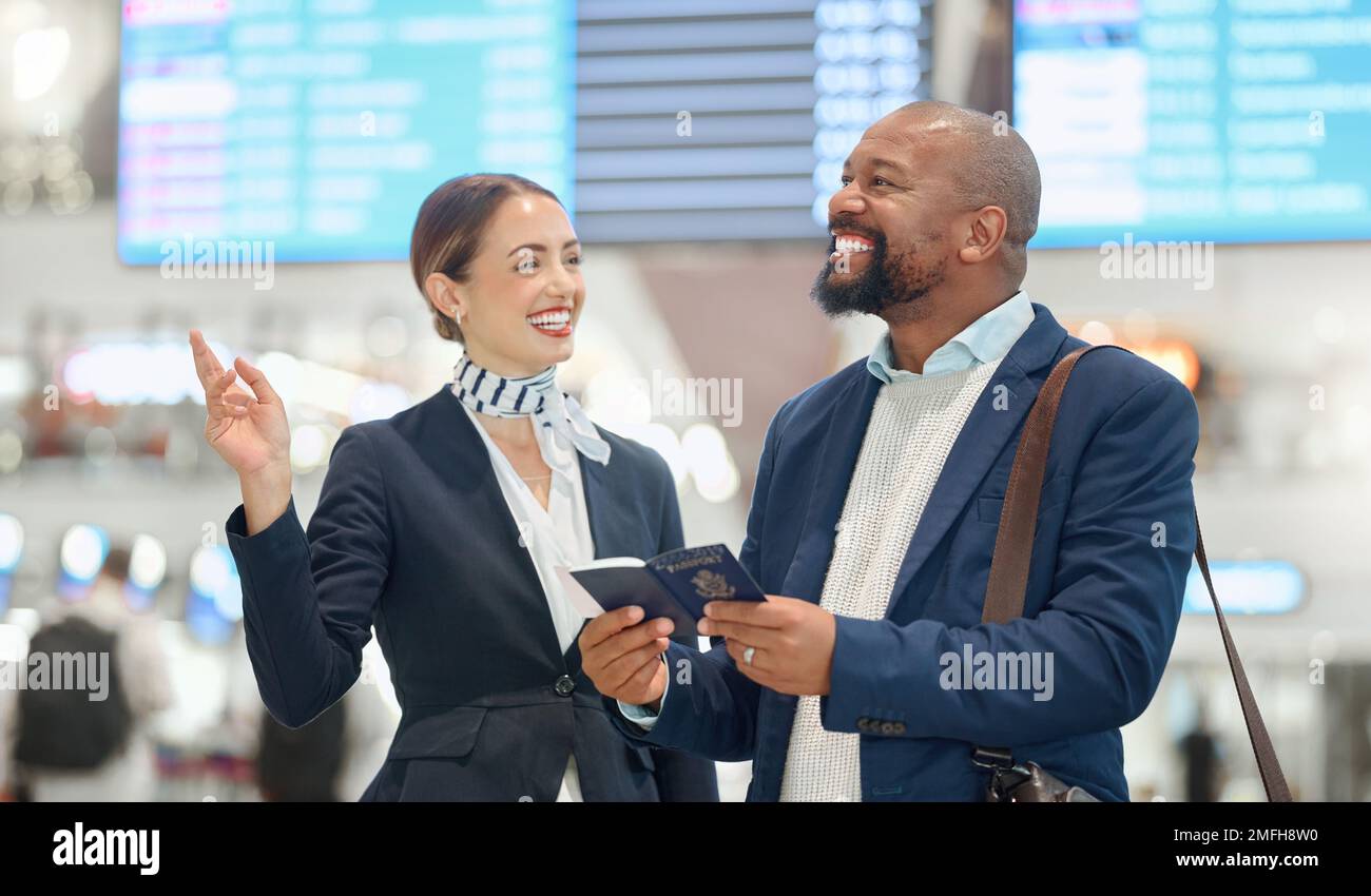 Airport, African businessman and passport with woman concierge ...