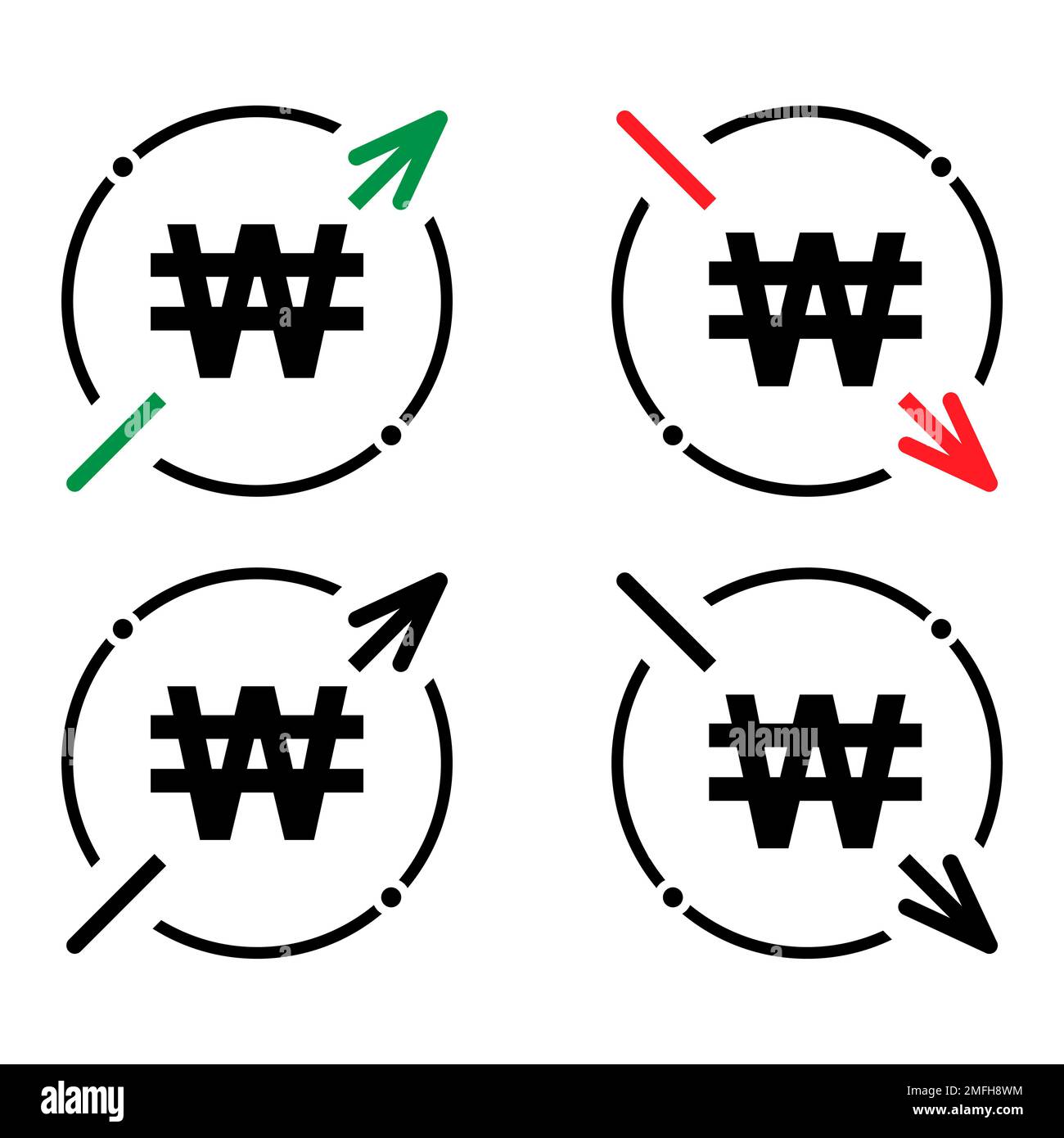 Set of cost symbol won increase and decrease icon. Money vector symbol isolated on background ...