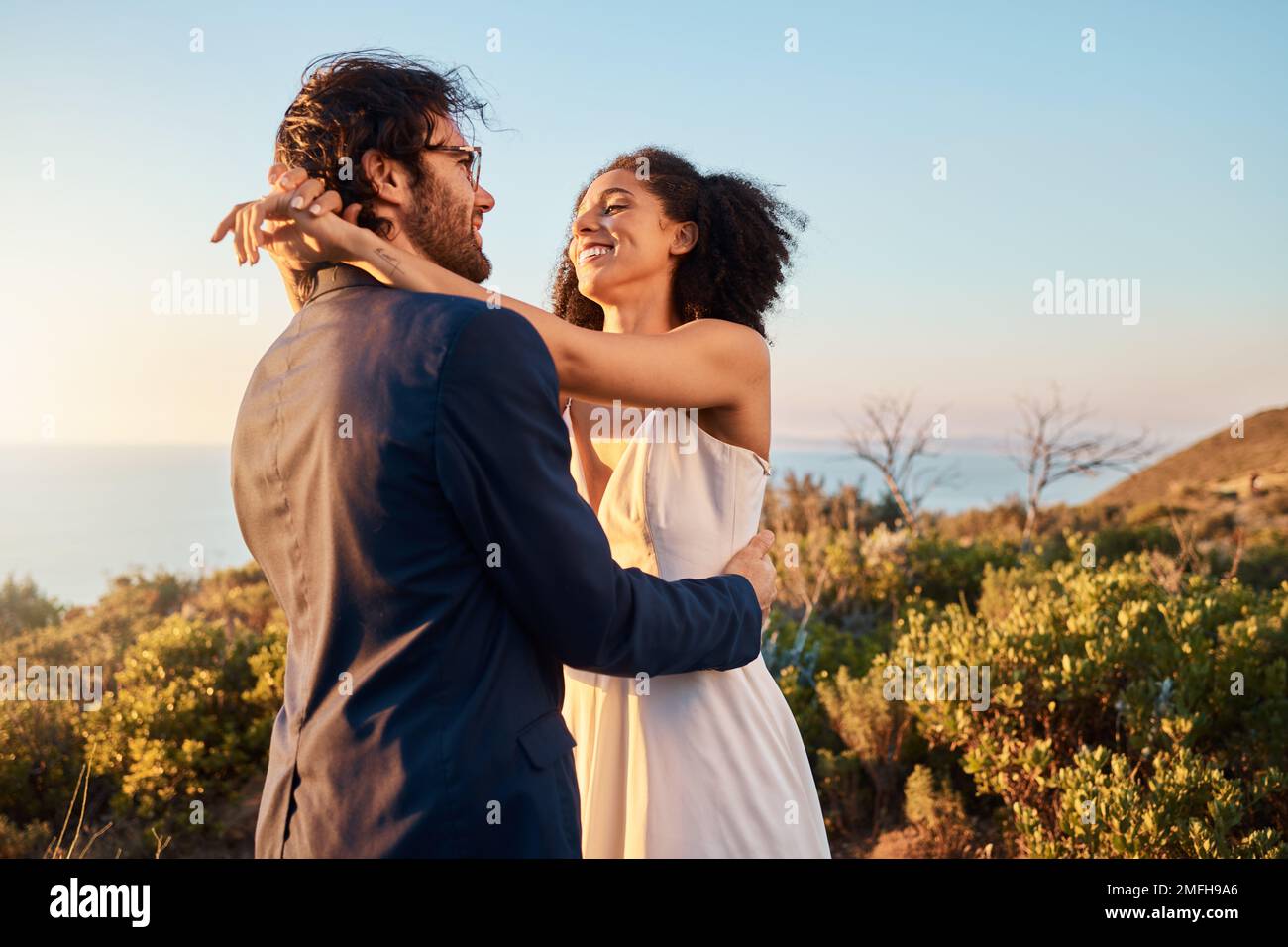 Love, wedding and bride with groom smile on mountain for marriage ...