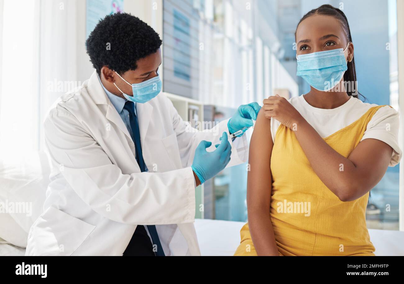 Vaccine, doctor and patient with health, Covid and hospital, black ...