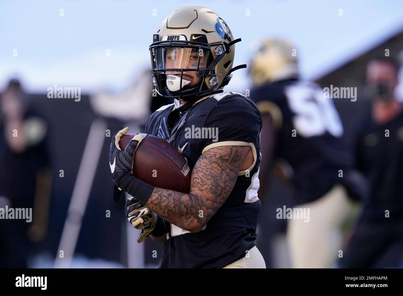 Colorado running back Jarek Broussard (23) warms up before the first ...