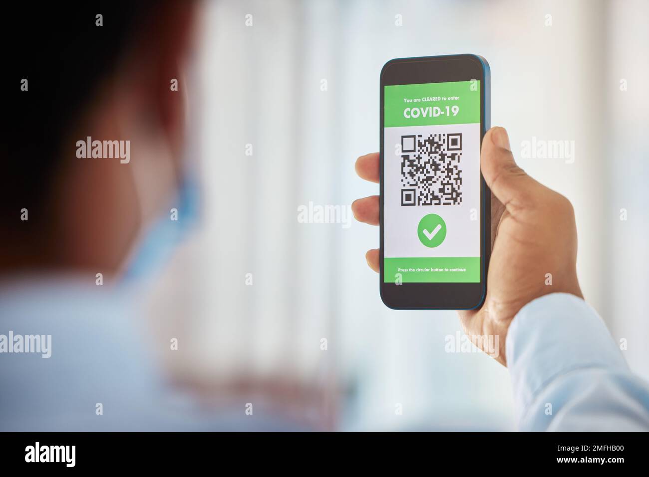 Covid 19 vaccine, man and phone qr code for security, safety or travel ...