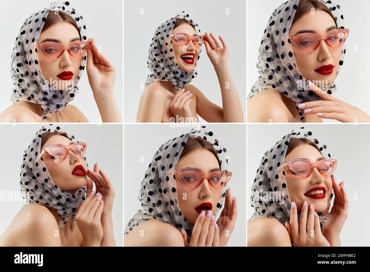 Collage. Expression of femininity. Beautiful young girl wearing trendy ...