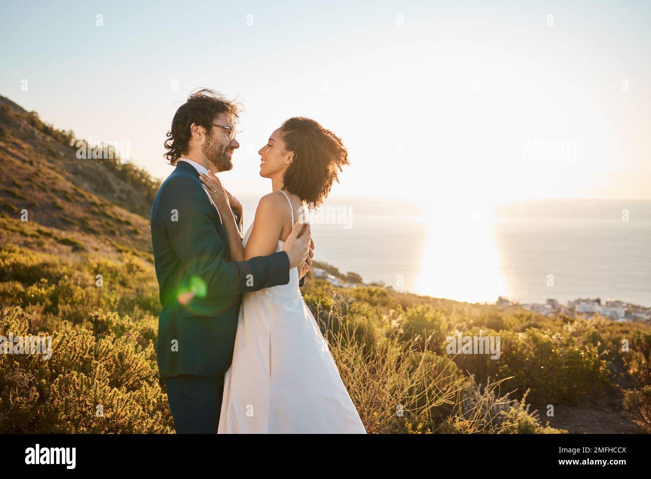 Wedding, love and couple on mountain for marriage ceremony, commitment ...