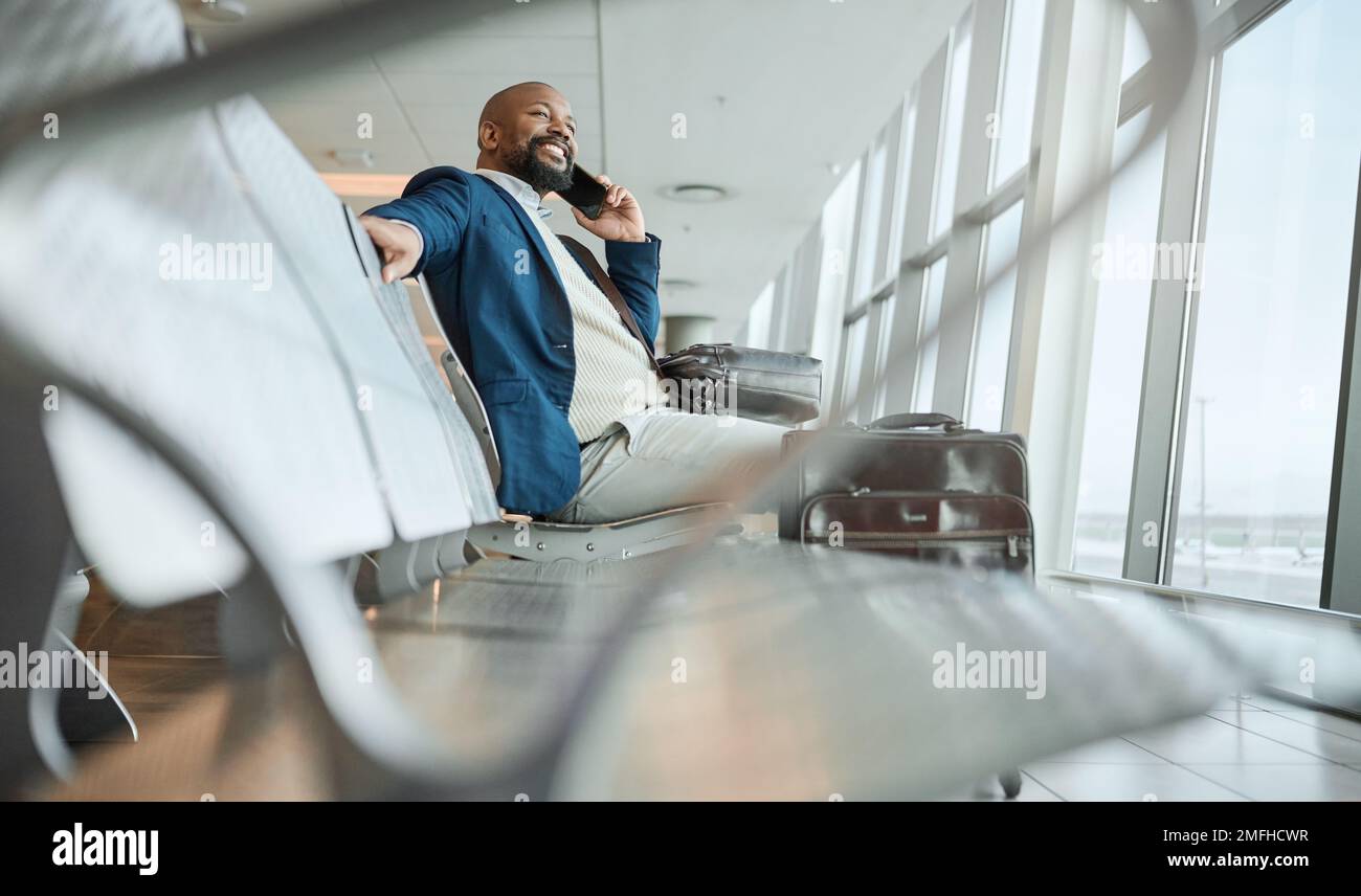 African businessman, airport and phone call with excited smile, focus ...