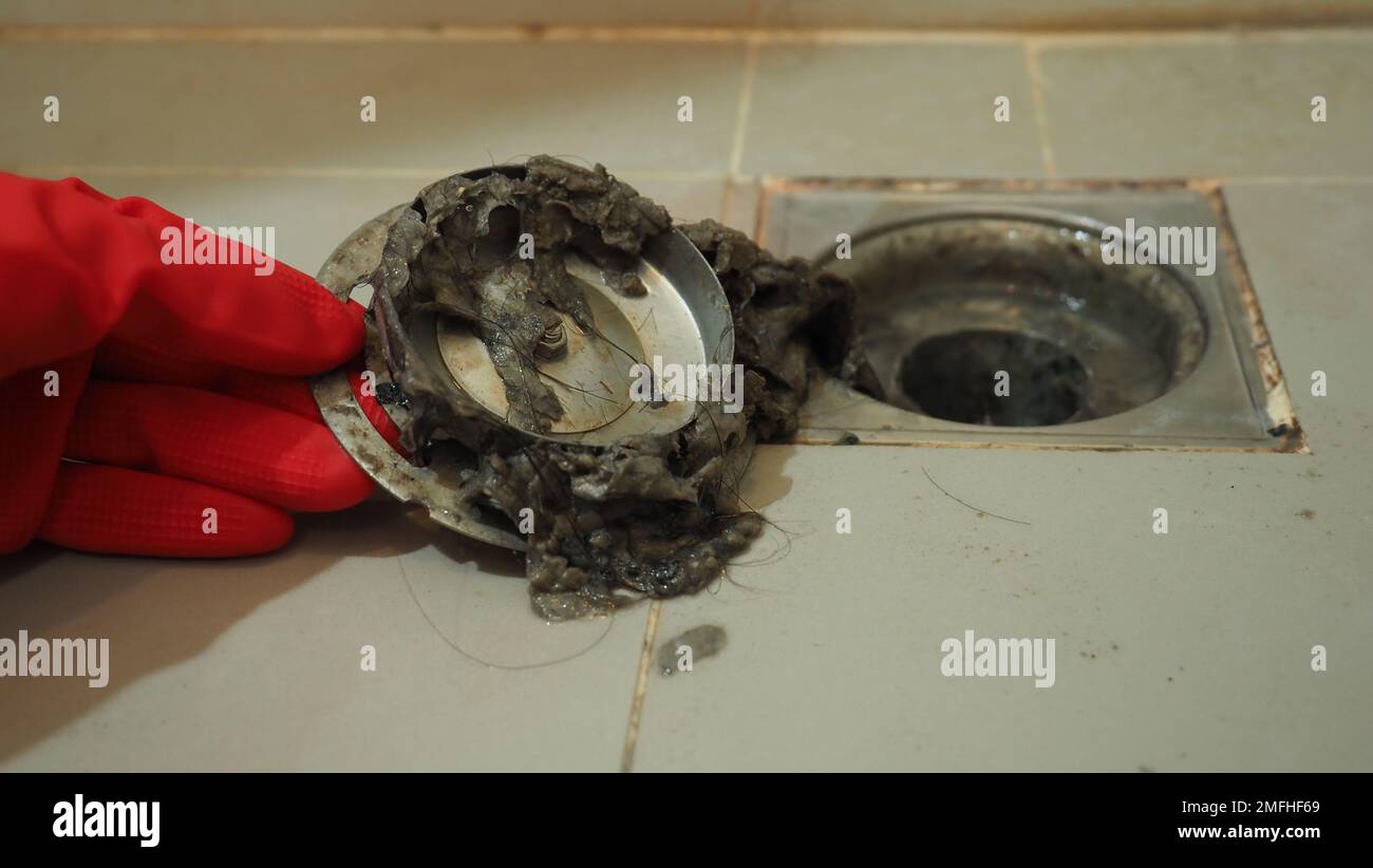 Drain cleaning. Clogged and dirty sewer pipes floor drain. Full of hair ...