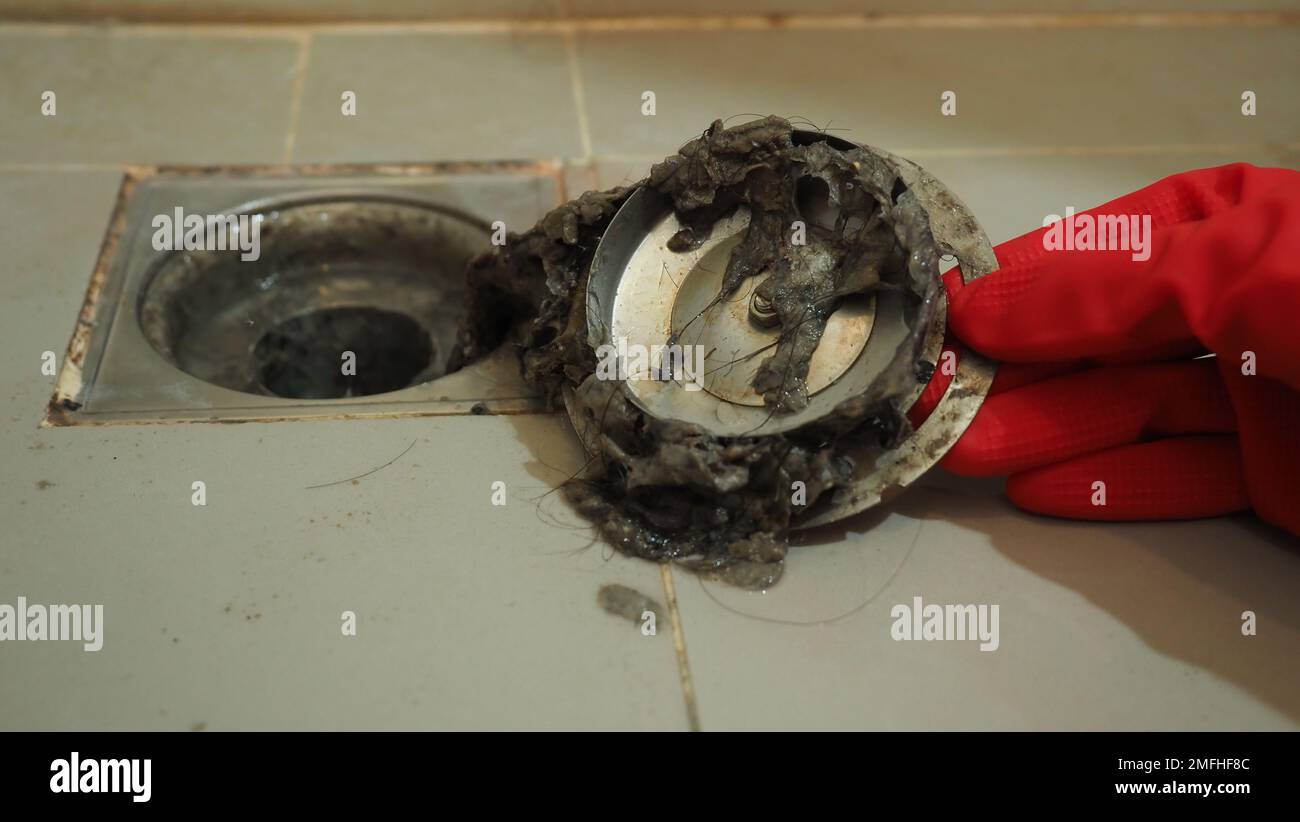 Drain cleaning. Clogged and dirty sewer pipes floor drain. Full of hair ...
