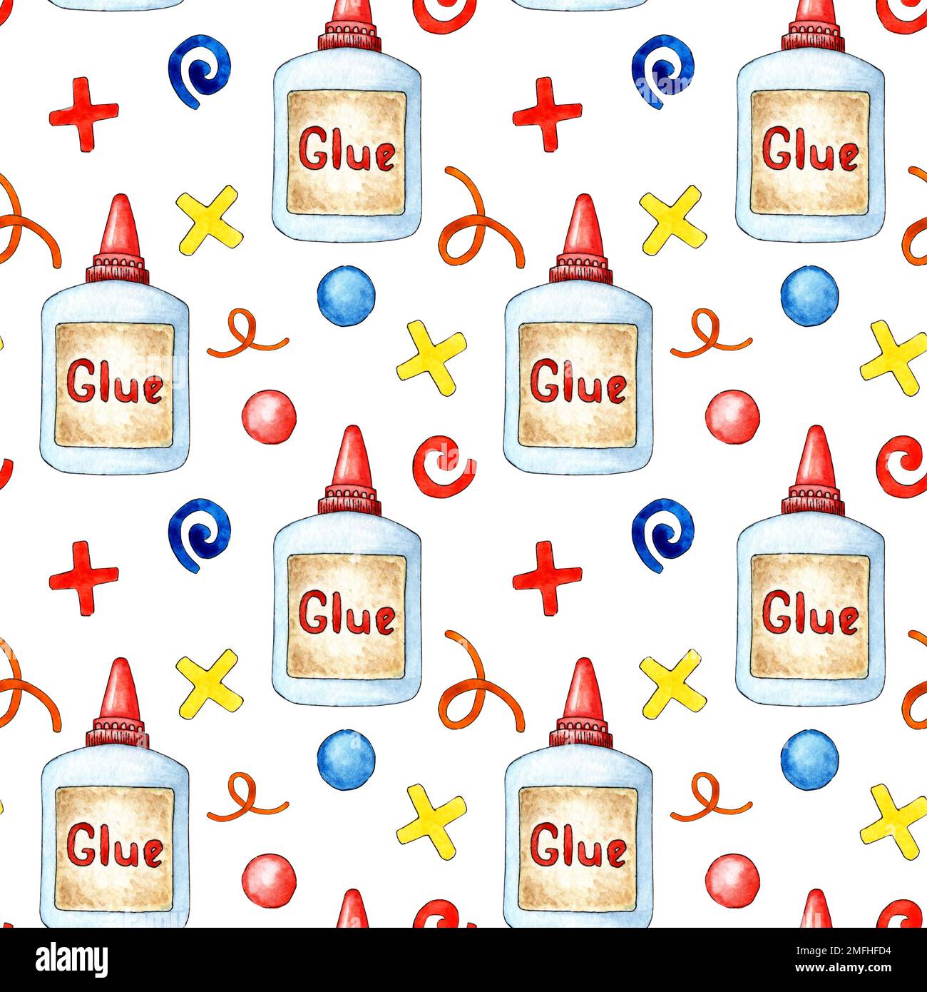 Watercolor seamless pattern PVA glue bottle and doodle. Goods for ...