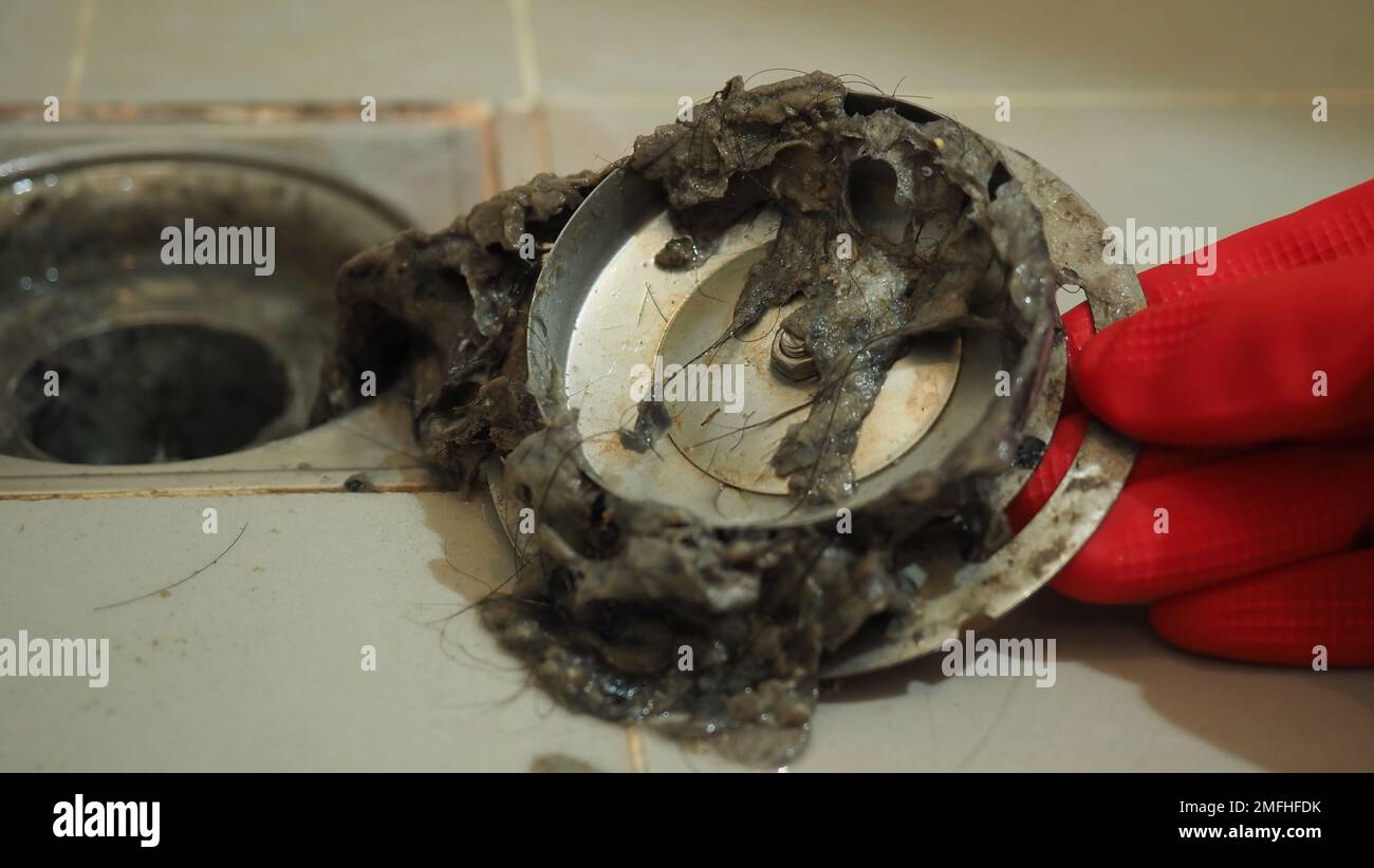 Drain cleaning. Clogged and dirty sewer pipes floor drain. Full of hair ...
