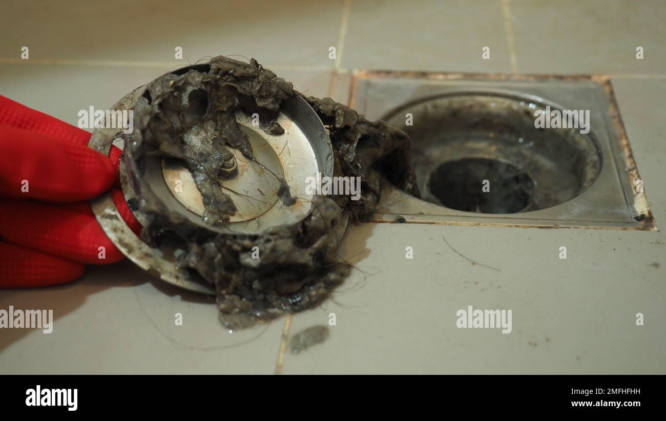 Drain cleaning. Clogged and dirty sewer pipes floor drain. Full of hair ...